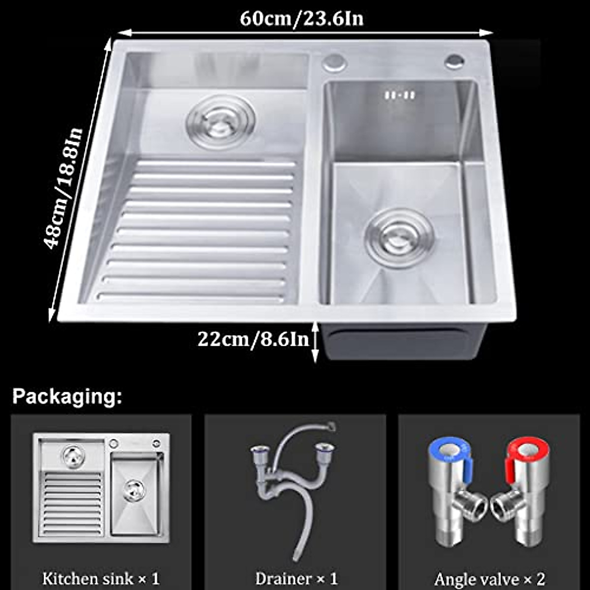 Bathroom Sinks Laundry Pool Balcony Household Stainless Steel Laundry Sink Wash Basin With Washboard Easy To Clean Double Sink Laundry Pool Gift ( Color : A , Size : 60*48*22cm )