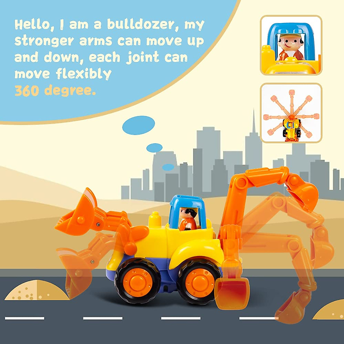 Woby Push and Go Friction Powered Car Toys Set Tractor Bulldozer Mixer Truck and Dumper for Baby Toddlers