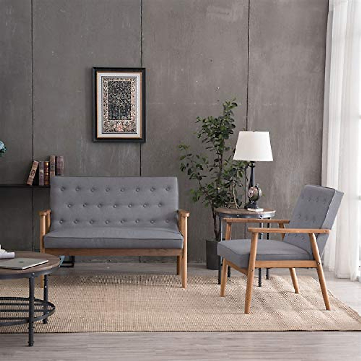TECHSOUK Modern and Simple Design Sofa, Button Tufted, Rubber Wood Solid Wood Frame, Walnut Color handrail (75 x 69 x 84) cm