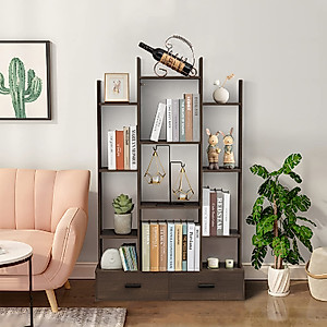 WEENFON Unique Bookcase with 1 Large Drawer, Tree-Shaped Bookshelf with 12 Storage Shelves, Open Standing Ladder Shelf, Bookshelf for Bedroom, Living Room, Office, Dark Brown