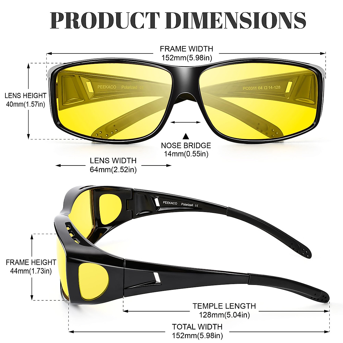 Peekaco Night Vision Driving Glasses Fit Over Glasses, Wrap Around Nighttime Glasses Anti Glare Polarized for Men Women