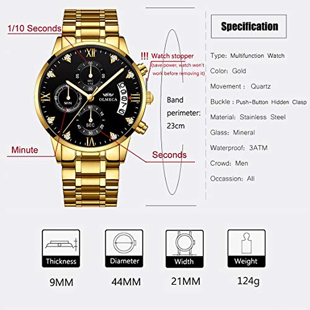 DREAMING Q&P Gold Stainless Steel Men's Wrist Watches Analog Quartz Black Military Chronograph Mutifunctional Crystal Wristwatch for Man with Date Calendar
