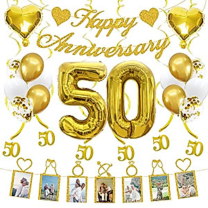 50th Anniversary Decorations Party Supplies Set of Happy Anniversary Photo Banner and Balloons,Hanging Swirls for 50 year Wedding Anniversary decor(Gold)