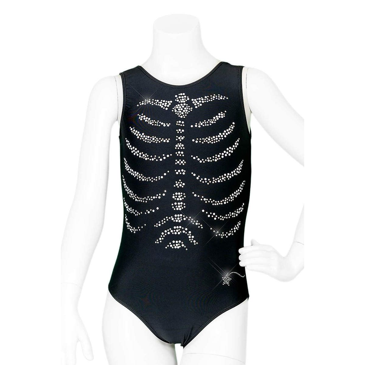 Destira Gymnastics Leotard for Girls, Crystal Ribcage Black Skeleton Halloween Costume, Child Medium (8)