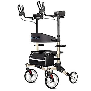 ELENKER Upright Walker, Stand Up Folding Rollator Walker with 10” Front Wheels Backrest Seat and Padded Armrests(Champagne)