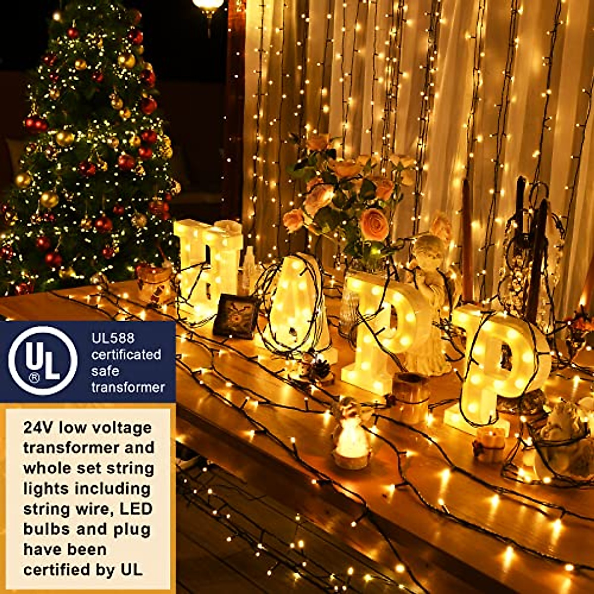 ROYAMY Outdoor Christmas String Lights 300 LED 105ft, IP55 Waterproof UL Certificated Suitable Outdoor Indoor Fairy Lights Halloween Garden Patio Wedding Trees Parties Decoration Warm White