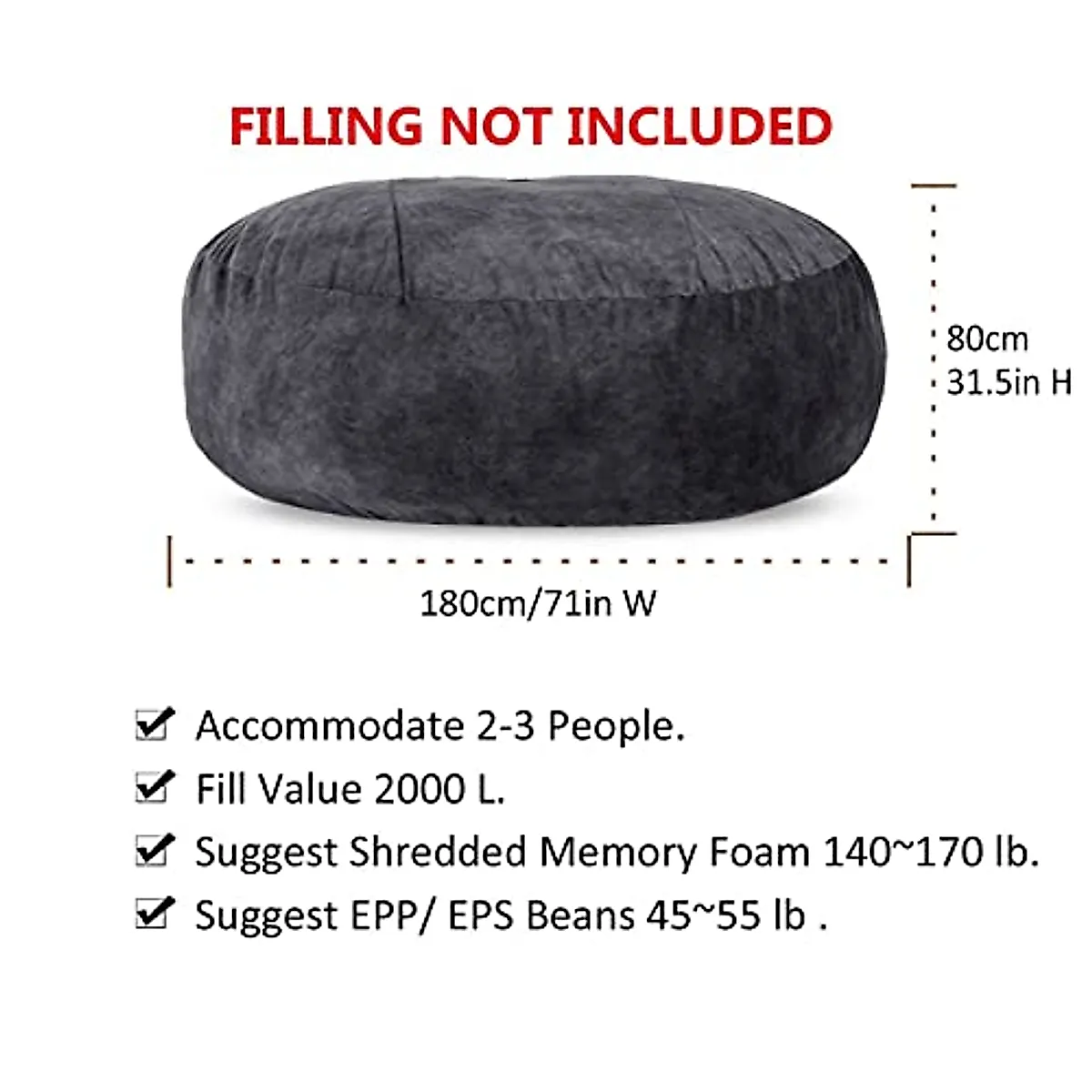 GQZGGXX Bean Bag Chair Cover, Durable Comfortable Chair PV Fur Bean Bag Sofas Faux Fur Sofa Living Room Sofa Bed Large Bean Bag Chairs for Adults (No Filler,Cover only) 6ft Light Grey