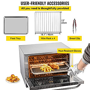 VEVOR Commercial Convection Oven, 47L/43Qt, Half-Size Conventional Oven Countertop, 1600W 4-Tier Toaster w/Front Glass Door, Electric Baking Oven w/Trays Wire Racks Clip Gloves, 120V