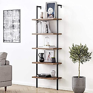 Nathan James Theo 5-Shelf Oak Wood Modern Bookcase, Open Wall Mount Ladder Bookshelf & Matte Black Accents with Storage for Living Room or Nightstand for Bedroom, Oak/Black