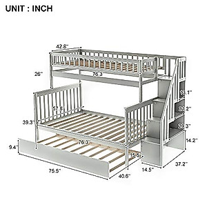 Merax Twin-Over-Full Stairway Bunk Bed with Shelves and Ladder (Grey, Twin Over Full with Trundle)