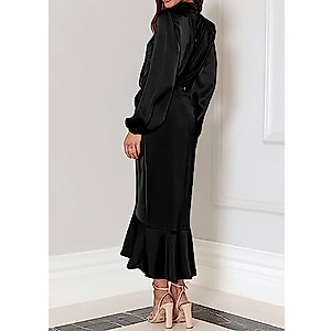 KIRUNDO Women's Fall Satin Mock Neck Wedding Guest Cocktail Midi Dress Long Sleeve Wrap Ruched Ruffle Formal Dresses(Black, Large)