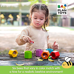 PlanToys Beehive Color Sorting Toy for Toddlers - Sustainably Made from Rubberwood Featuring Organic Coloring with 6 Colored Bees and Matching Beehive