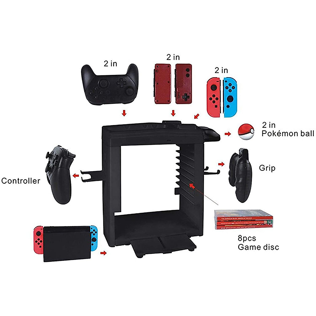 YICHUMY Mulfunction Game Disc Stand Tower Controller Charger Charging Dock for Switch 4 Joycontroller, 2 Pro Controllers and 2 Poke Ball Plus Controllers, Storage for Switch Accessories