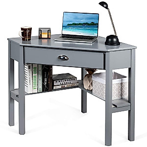 LDAILY Small Corner Desk, Triangle Makeup Vanity Desk for Small Space, Compact Writing Desk with Storage Shelves & Drawer, Space Saving Corner Computer Desk for Bedroom, Home Office
