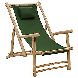 GOLINPEILO Foldable Deck Chair Bamboo and Canvas Green for Relaxing, Foldable Patio Deck Chair with Adjustable Height for Yard, Patio, Backyard, Deck -AA