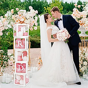 RUBFAC 5pcs Bridal Shower Decoration Box, White Transparent Balloon Box with ‘TO BE BRIDE GROOM’ and ‘A-Z’ Letters for Wedding Shower Baby Shower Engagement Bachelorette Parties Photo Booth Backdrop