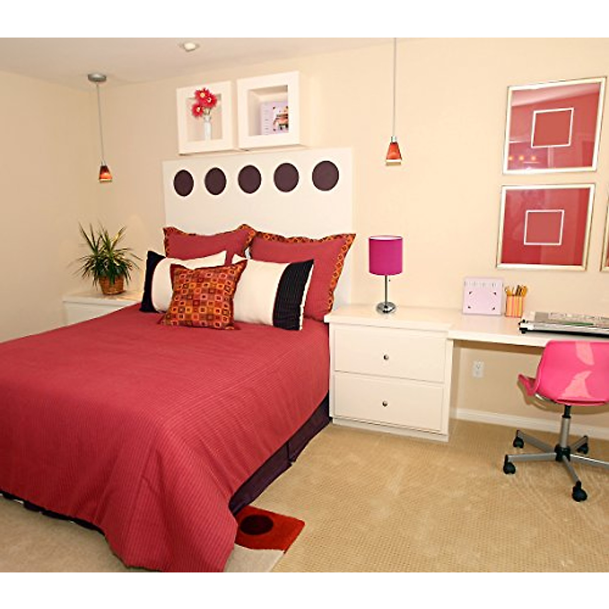 Simple Designs LT2024-PNK Brushed Steel Stick Table Desk Lamp with Charging Outlet and Drum Fabric Shade, Pink Shade