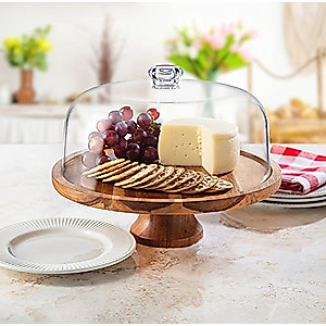 Godinger Footed Cake Plate, Acacia Wood and Shaterproof Acrylic Lid, Cake Stand with Dome
