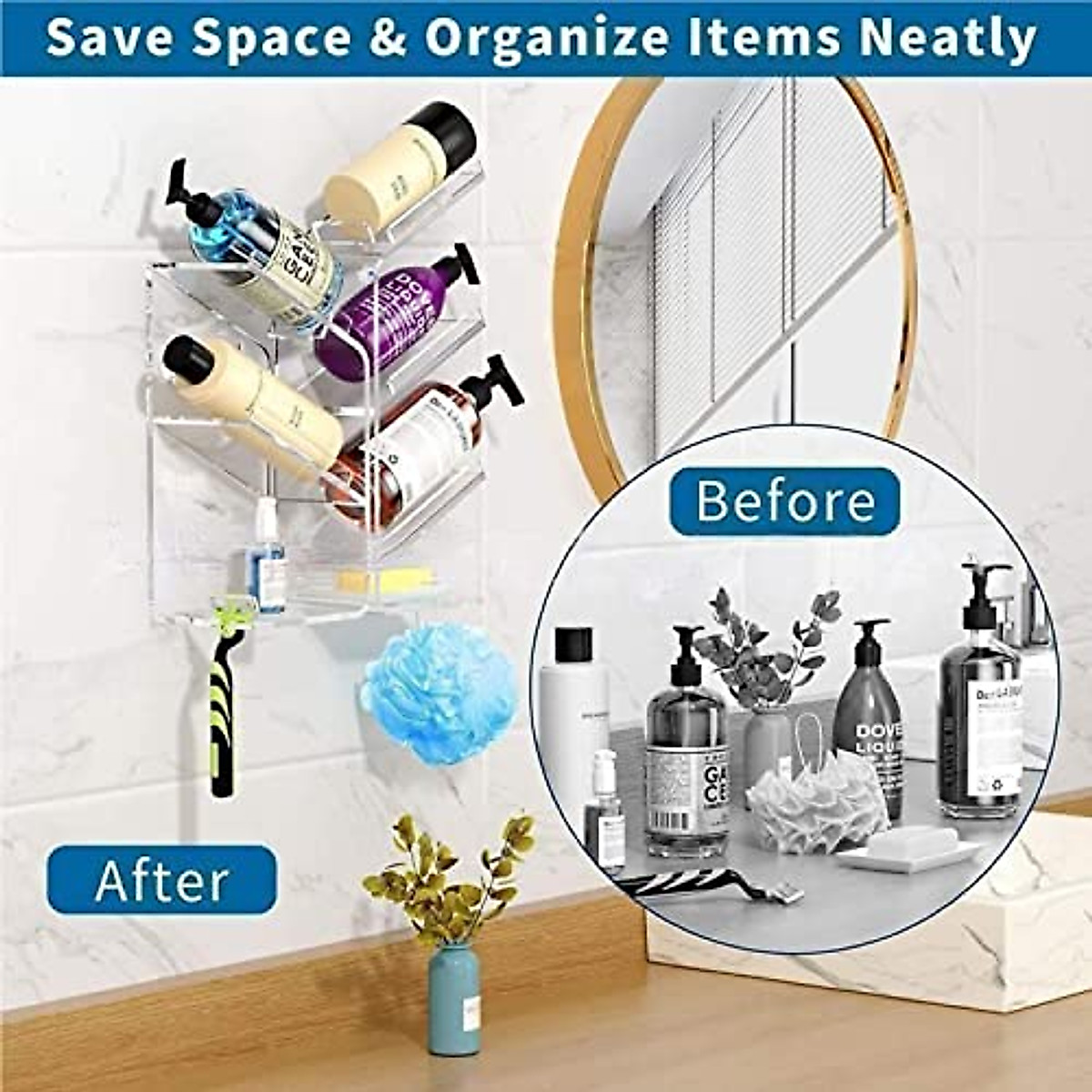 2 Pack Acrylic Shower Shelves,Shampoo holder for shower wall,Clear Bathroom Shower Caddy Organizer, Wall Mounted Shampoo Holder for Shower
