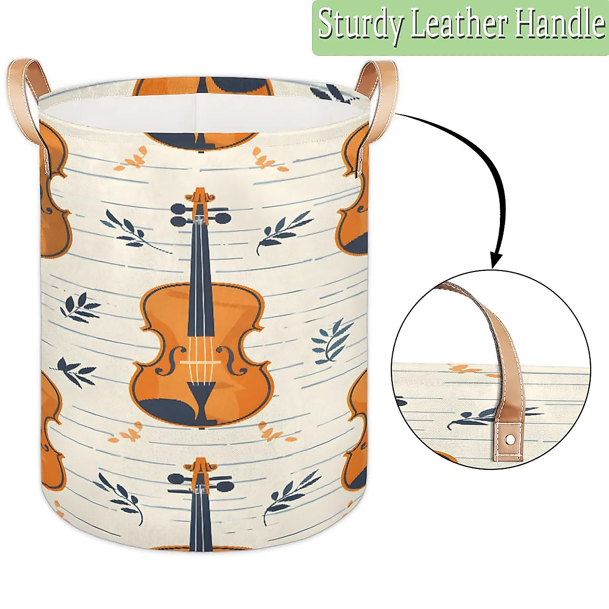 Custom Round Collapsible Laundry Baskets Violin Leaves Customized Large Toy Basket Personalize Hamper Dorm Bathroom Playroom Room Decor 16x20.8 Inch
