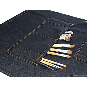 DingSay Trendy Professional Black Denim Apron with Pockets for Chef Cooking Kitchen Grill BBQ Hairstylist Painting, Mens Womens Apron with Leather Cross Back Straps