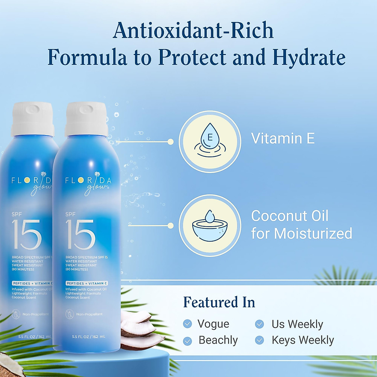 Florida Glow SPF 15 Sunscreen Spray - Hawaii 104 Reef Act & Florida Keys Compliant, Broad Spectrum - Water Resistant, Sport Sun screen - Child Friendly Oxybenzone & Octinoxate Free (5.5 Fl Oz 2-pack)