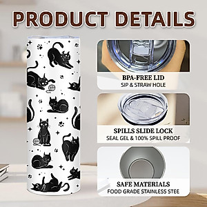 MoYueno Cat Mugs for Cat Lovers, 20oz Slim Black Kitty Tumbler with Lid & Straw & Brush, Kitty Coffee Mugs for Animal Lovers, Animal Gift for Birthday