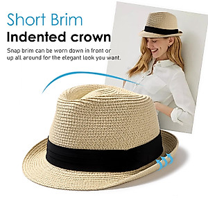 Lvaiz Womens Straw Hat Short Brim Panama Fedora Beach Sun Trilby Hat for Vacation Gentlemen Roll Up Summer Hat, Beige L