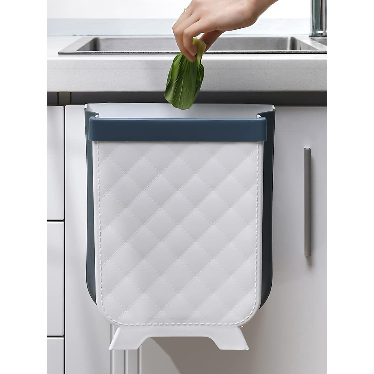 Hanging Folding Garbage Bin 2.4 Gallon Waste Bin, Plastic Waterproof Small Trash Can for Kitchen Bedroom Bathroom White and Blue