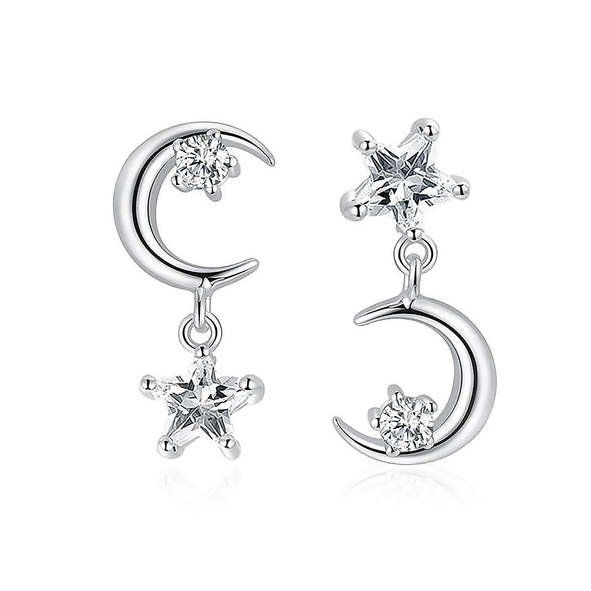 SLUYNZ 925 Sterling Silver CZ Crystal Star Moon Studs Earrings for Women Sparkling Asymmetric Studs Earrings (Star Moon Earrings)