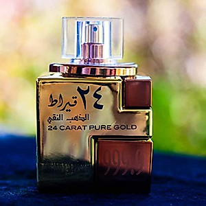 24 Carat EDP - 100 ML (3.4 oz) I Classic combination of Oudh, roses and vanilla I Incense, Amber, Leather, Musk, & Vanilla I Very Strong Smell I Powerful Arabic Attar perfume I by Lattafa (24 Carat Pure Gold)