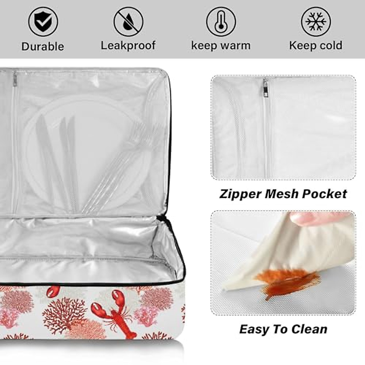 Kcldeci Insulated Thermal Food Carrier Insulated Casserole Carrier for Hot or Cold Food,Tropical Marine Lobster Corals Insulated Tote Bag for Potluck Cookouts Parties Picnic,Lasagna Lugger