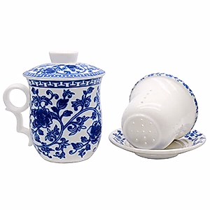 Tea Talent Porcelain Tea Cup with Infuser Lid and Saucer Sets - Chinese Jingdezhen Ceramics Coffee Mug Teacup Loose Leaf Tea Brewing System for Home Office