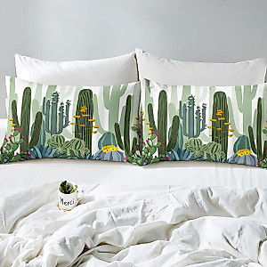 Erosebridal Cactus Duvet Cover Queen Prickly Pear Bedding Set Desert Plant Yellow Red Flower Quilt Cover Botanical Green Leaves Garden Style Comforter Cover, Decorative Soft Microfiber