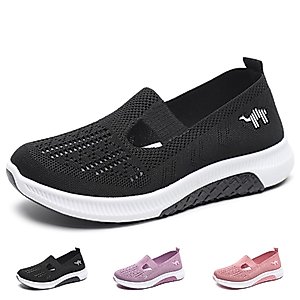 WENOREG Women's Mesh Hollow Out Slip On Walking Sneakers,Adjustable Buckle Non-Slip Soft Bottom Working Lightweight Nurse Shoes (Black,5,5)