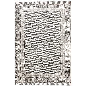 Casavani Handmade Area Rugs Hand Block Printed Cotton Dhurrie Gray, Black Boho Kilim Flat Weave Rug Indoor Bedroom Decor Rugs for Laundry Kitchen Bathroom 4x20 Feet Runner (120x600 cm)