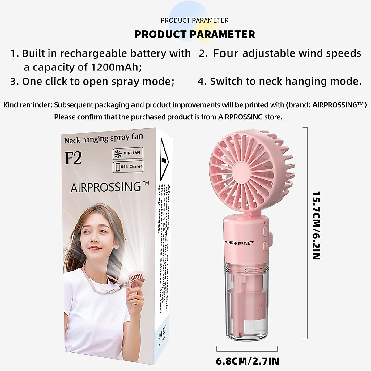 AIRPROSSING Portable Handheld Misting Fan，Rechargeable Battery Operated Spray Water Mist Fan Foldable，4 Speeds，Small Personal Cooling Fans for Outdoor,Travel, Makeup, Home, Office, Camping (white)