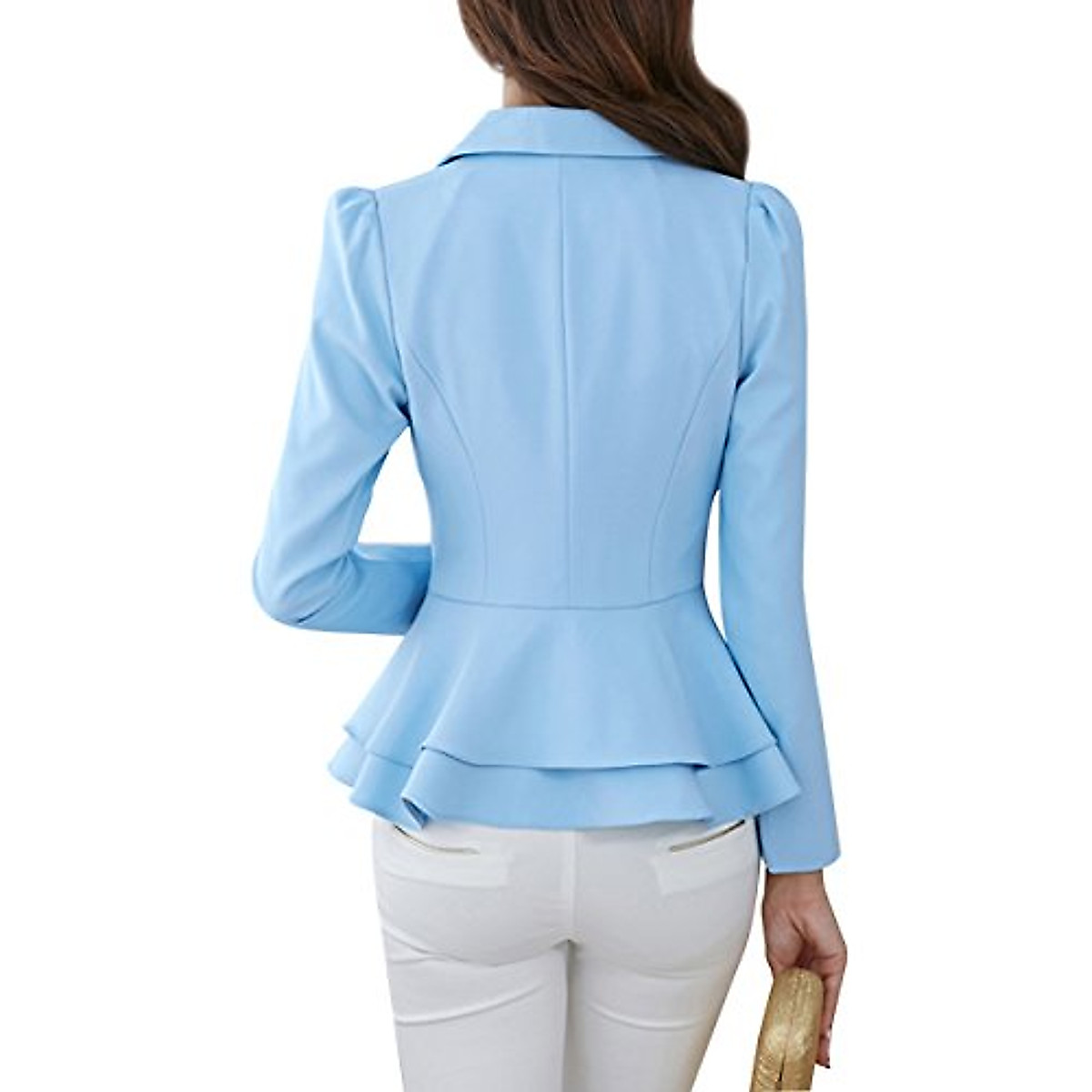 YMING Womens Casual Solid Color Blazer Office Blazer Business Ruffle Hem Jackets Water Blue M