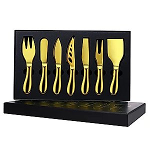 Kats Beypg Advanced 7-Pieces Cheese Knife Set Collection 18/10 Stainless Steel Cheese Knives Sets Charcuterie Utensils With Cheese Knife And Cheese Slicer,Exquisite Cheese Spreader Gift Sets (Gold)