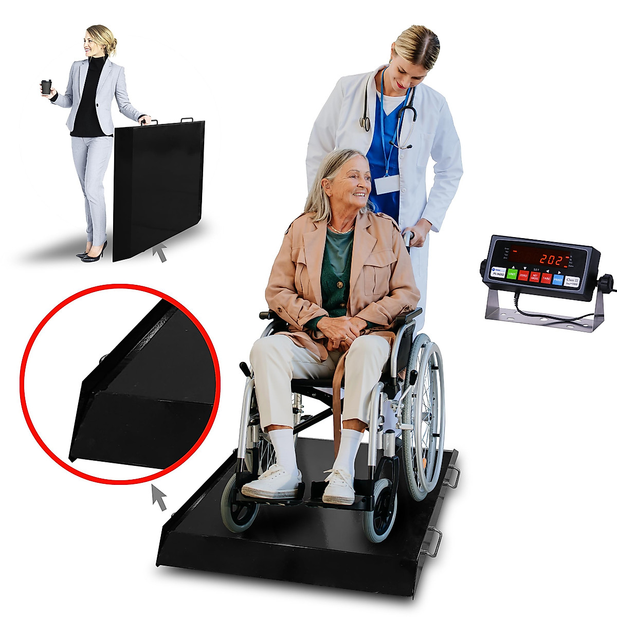 BizAutom BA-1000WCS 1000lb Wheelchair Scale/Portable Light Weight Floor Wheelchair Scale for Home or Senior Care House | with Dual Ramp