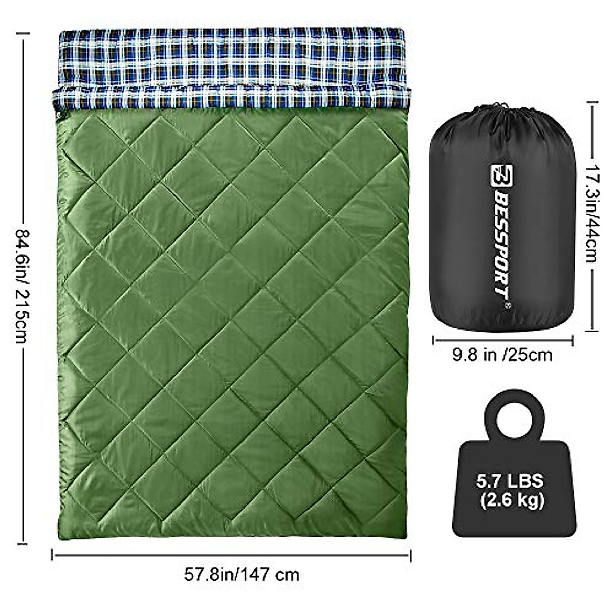 Bessport Double Sleeping Bag, 2 Person Sleeping Bags for Adults Backpacking, Lightweight and Water Repellent for 6 Season Camping, Hiking and Outdoor