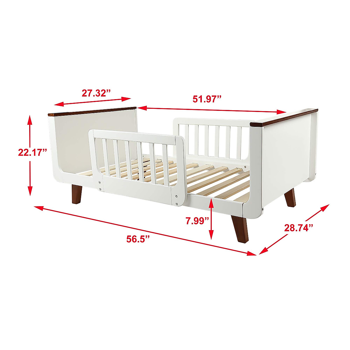 Little Partners MOD Kids Bed - Solid Wood Classic Design Transitional Toddler Bed with Rails for Children's Bedroom with Two Safety Guards, Low-to-Ground Profile (White/Espresso)