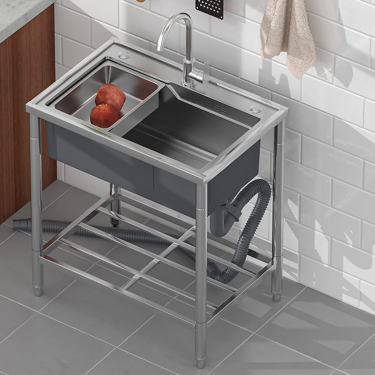 Freestanding Stainless Steel Sink Commercial Restaurant Sink Single Bowl Outdoor Sink with Cold and Hot Water Pipe Undershelf Faucet for Cafe, Bar,Hotel,Garage,Laundry Room,28.3"D x 19.3"W x 31.5"H