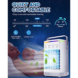 Portable Air Conditioners, 4 Speeds Evaporative Air Cooler Humidifier 600ML Waterbox Mini Air Conditioner, 2/4/6H Timer, 2 Misting Modes and LED Light, Perfect for Home Office Bedroom Camping