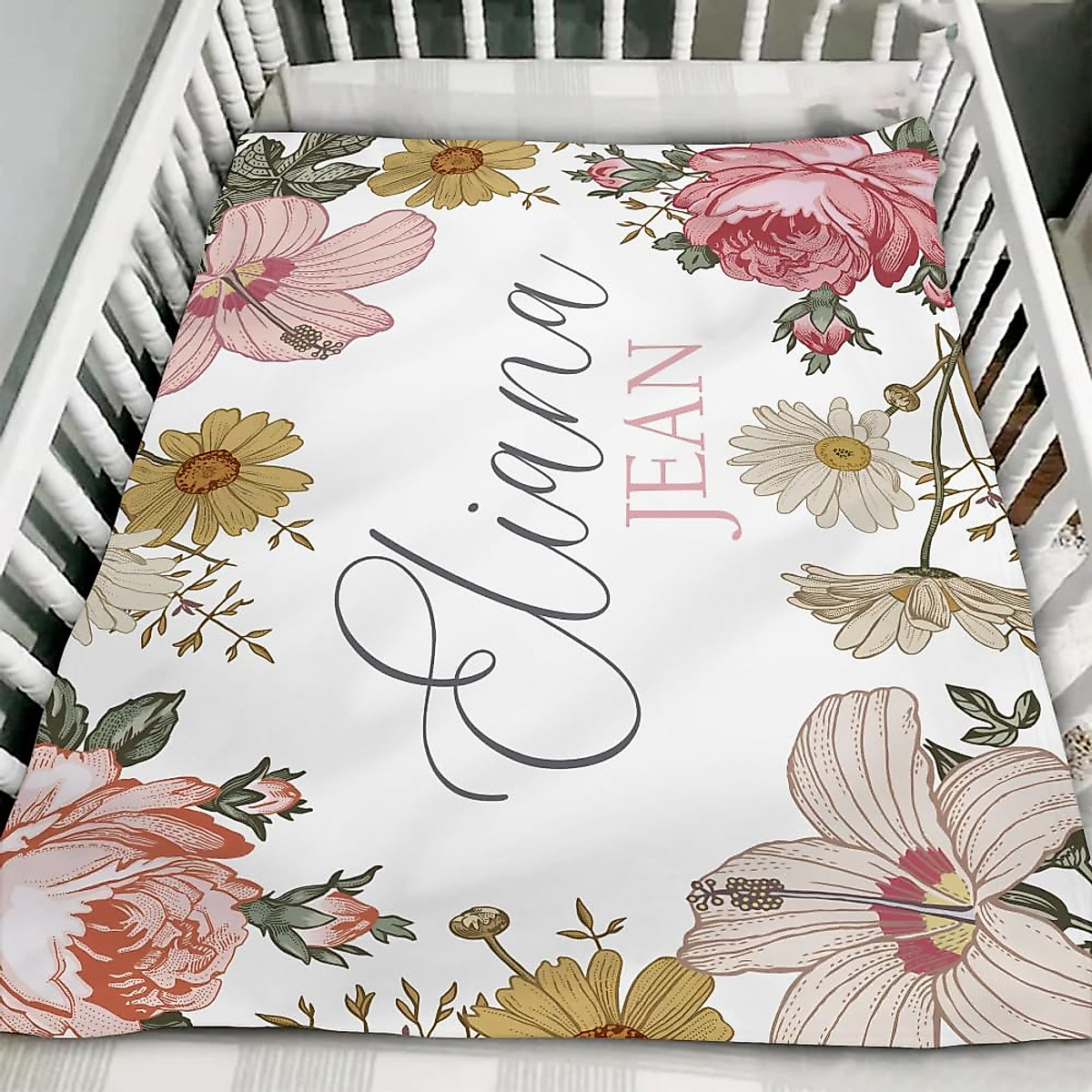 Personalized Baby Girl Blanket with Name Vintage Floral Custom Baby Blanket, Gift for Baby Shower, Vintage Baby Blanket, Nursery Blanket, Crib Blanket