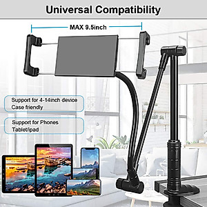 Aqonsie Phone Holder Bed Gooseneck Mount Clip with 360° Rotation Flexible & Hard Arm Bracket Compatible with iPad,Tablet,4-14" Phones, Foldable Tablet Stand for Desk Bed Kitchen Office