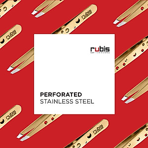 Rubis Hole Pattern Classic Stainless Steel Slanted Tweezers For Precise Eyebrows and Hair Removal, 1K111REDGOLD, Red Gold, The Elegance Collection,Rubis Switzerland Swiss Made World Renowned Precision