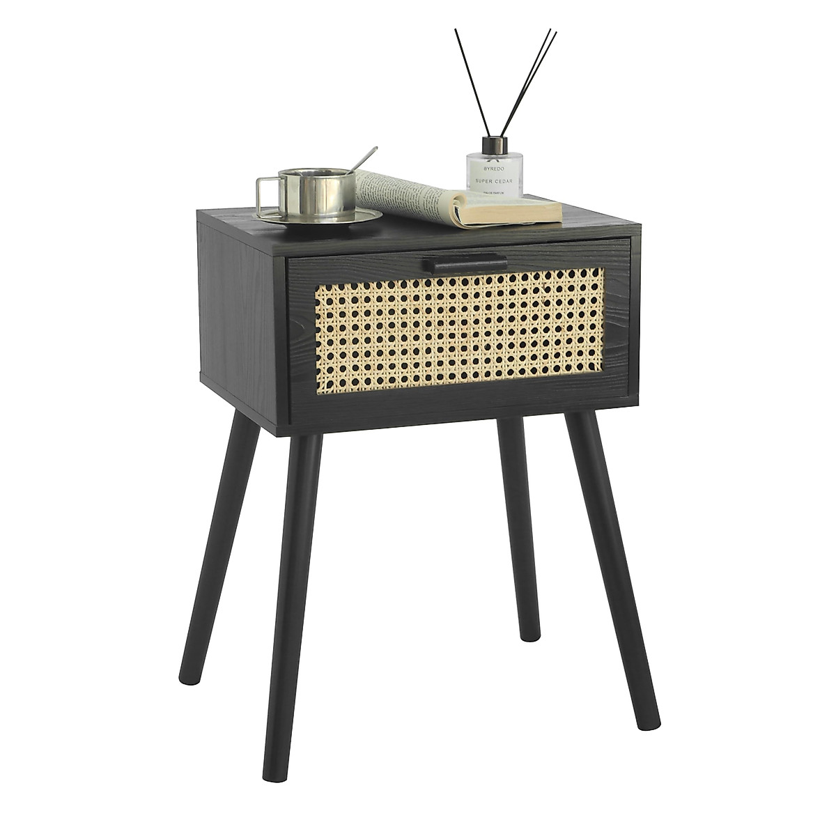 AWASEN Nightstand Mid Century Modern Side Table with Rattan Drawer, End Table with Storage and Solid Wood Legs for Bedroom Living Room Small Space, Easy Assembly (Natural Walnut)