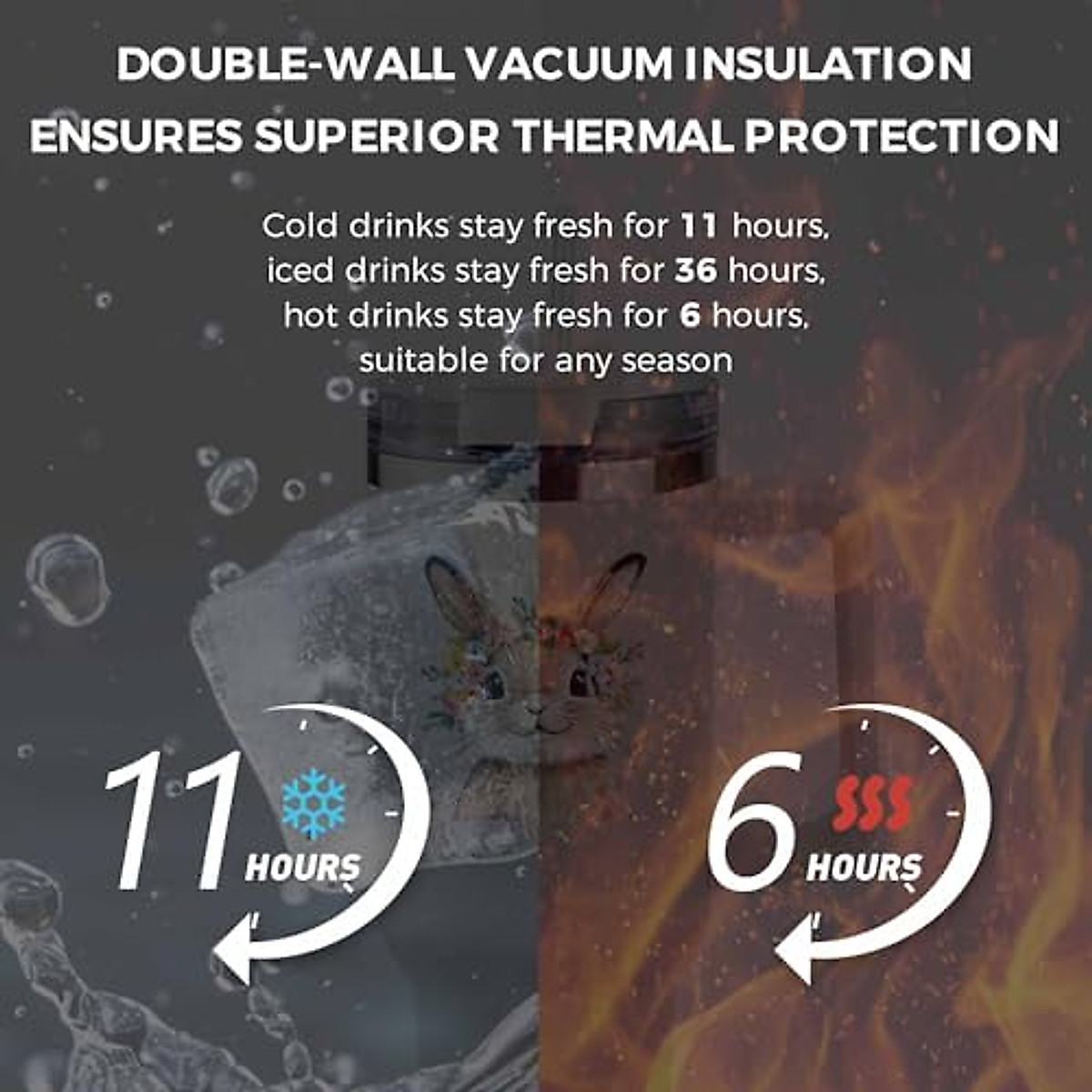 LB LEOBON 40 ounce insulated cup with handle, double-layer vacuum stainless steel material, equipped with straw, can keep warm or maintain cold drinks Easter Rabbit F grey