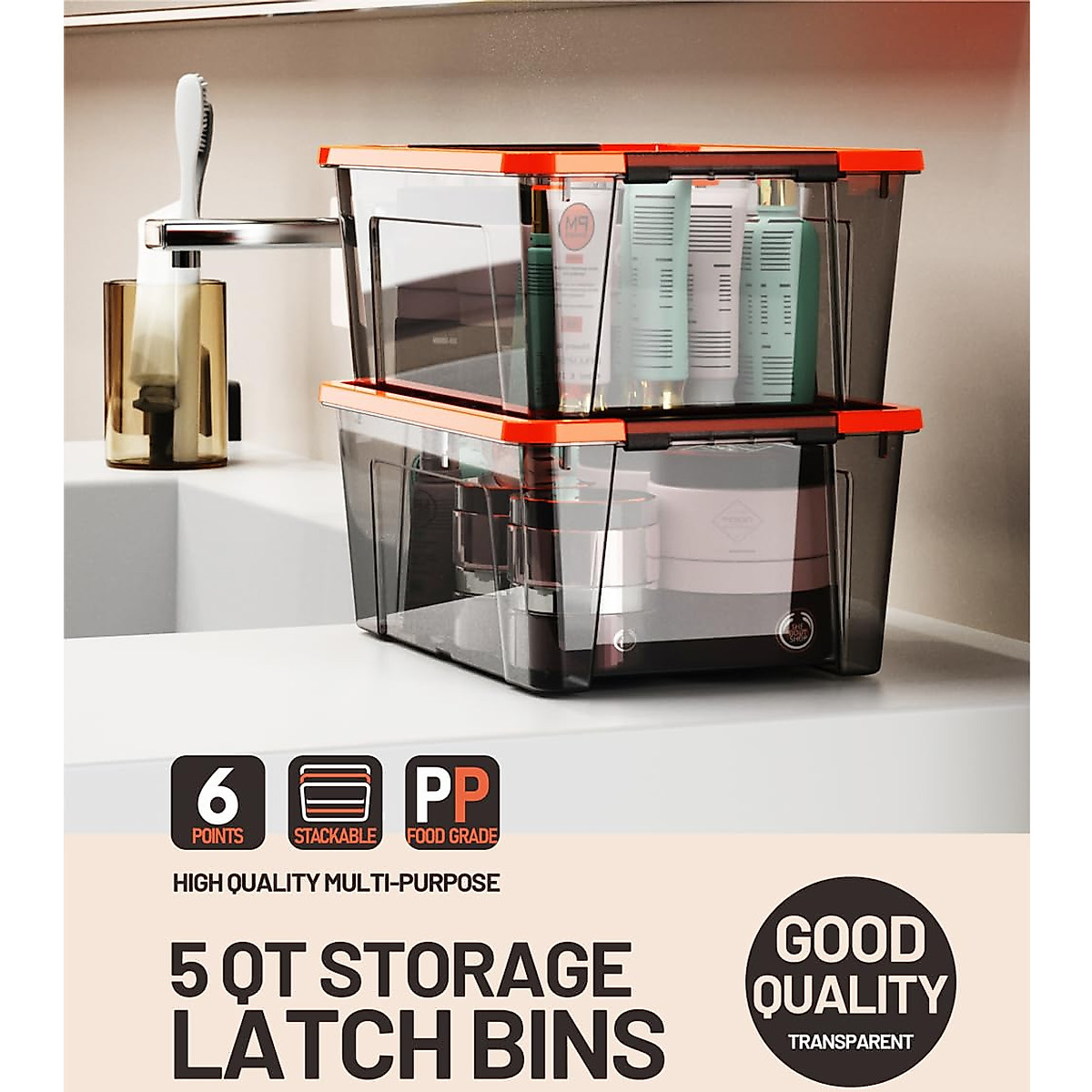 WYT 5-Quart Small Storage Container Bin with Orange Secure Lid and Black Clear Latch Buckles, Durable Plastic Stackable Nestable Organizin, 6-Pack